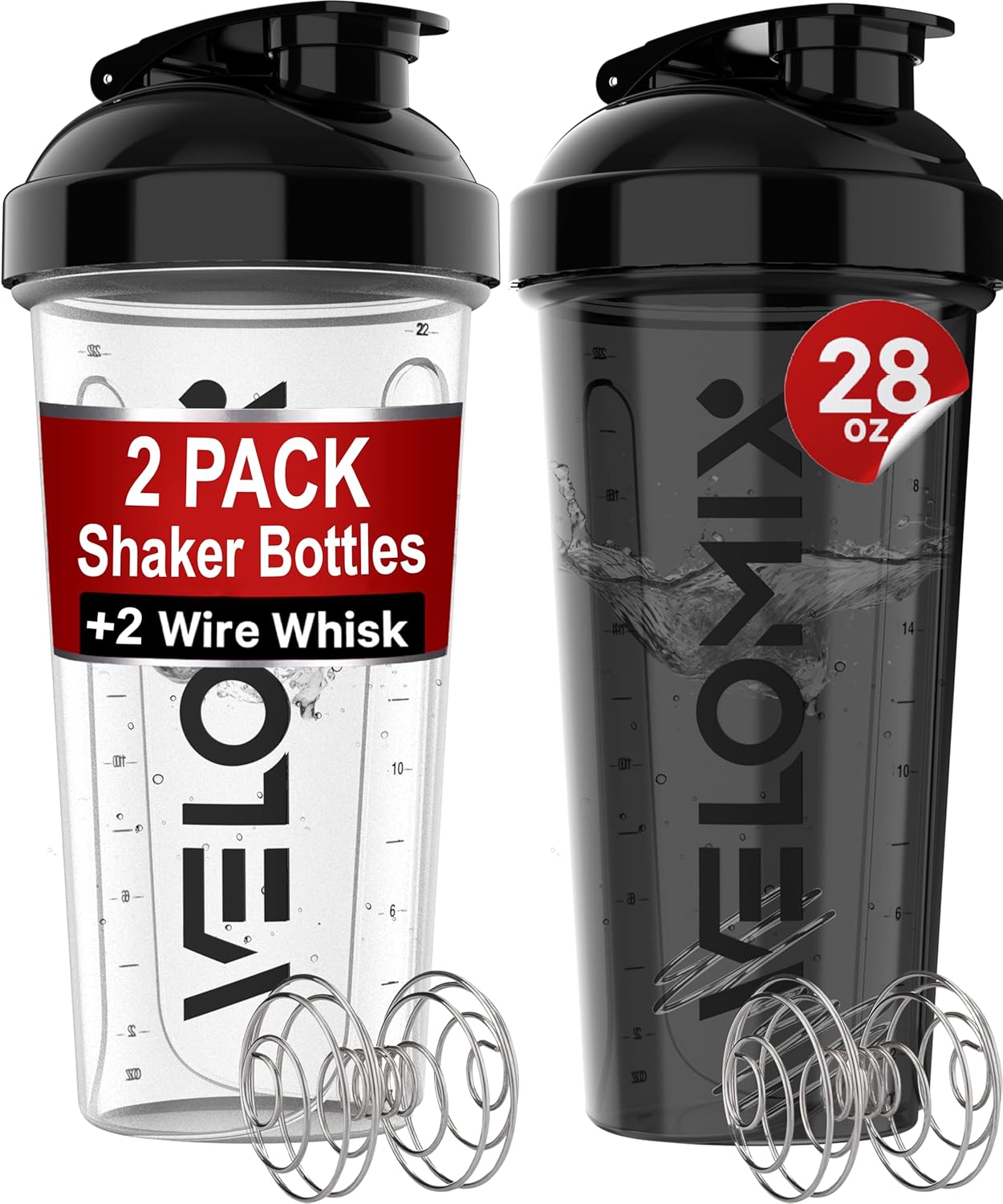 2 Pack- 28 oz Protein Shaker Bottles for Protein Mixes - 2x Wire Whisk ...